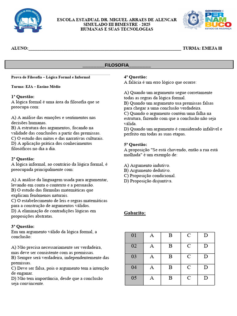 prova de Filosofia EJA lll | PDF | Argumento | Lógica