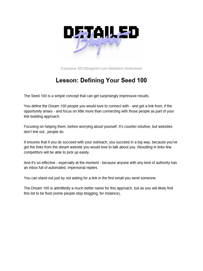 Define-Your-Seed-100-Worksheet | PDF | Blog | Search Engine Optimization