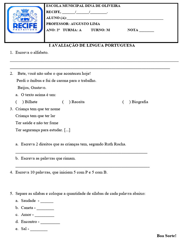 Prova de Portugues Diná 2°b | PDF