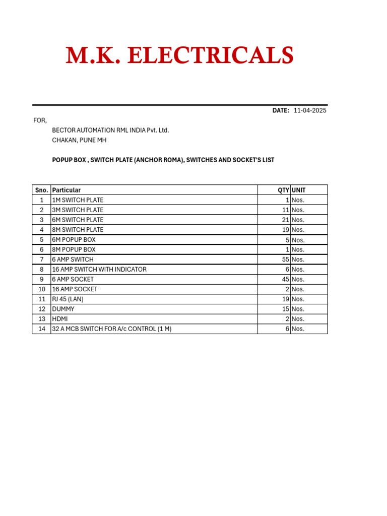 Bector Automation Material List | PDF