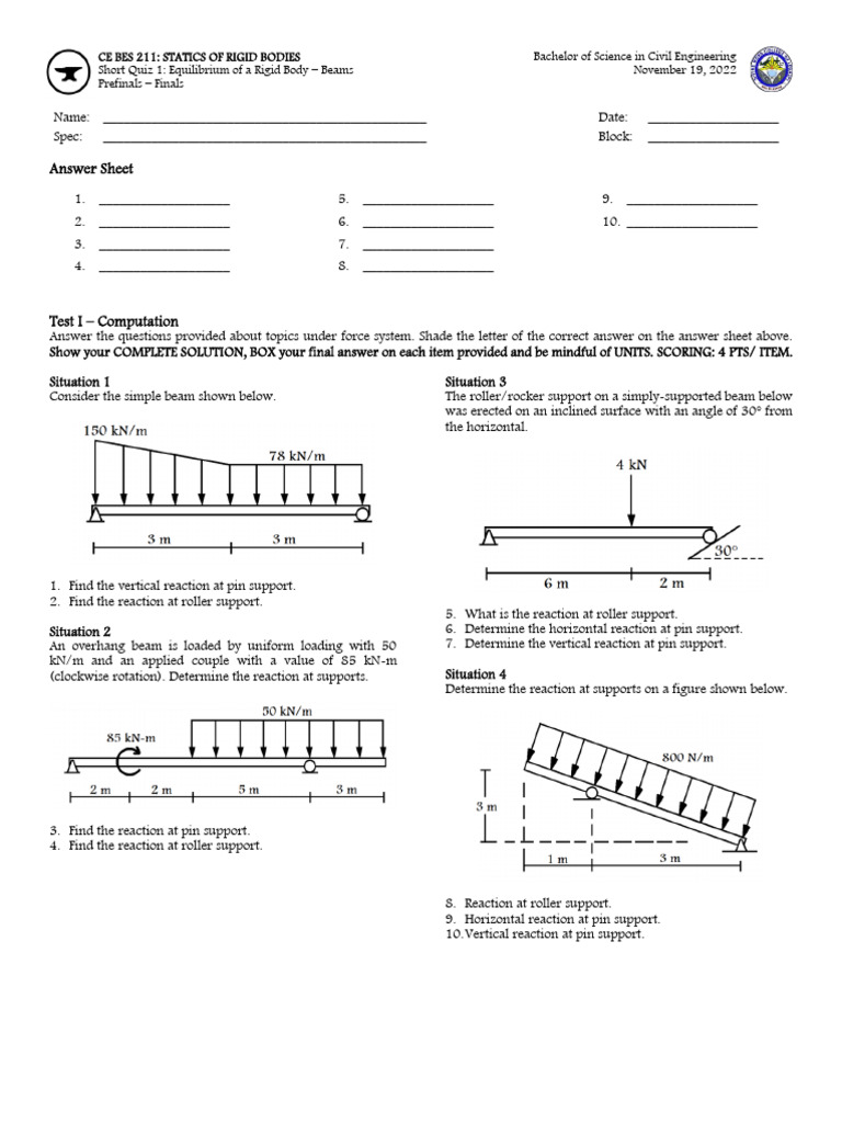 6-STATICS-Prefinals-Finals-SQ1 | PDF | Beam (Structure) | Applied And ...