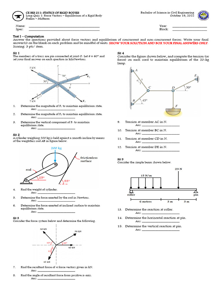 3 STATICS Prelim Midterm Long Quiz | PDF | Force | Tension (Physics)