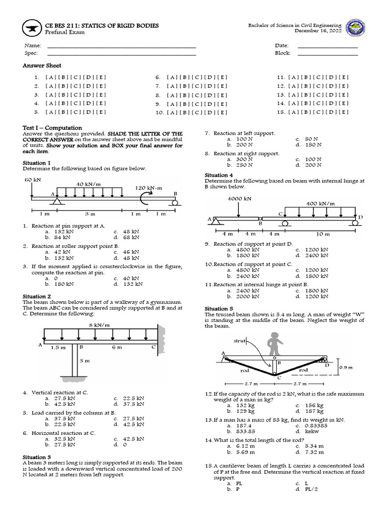 CE BES 211 Prefinal Exam Answer Key | PDF | Beam (Structure)