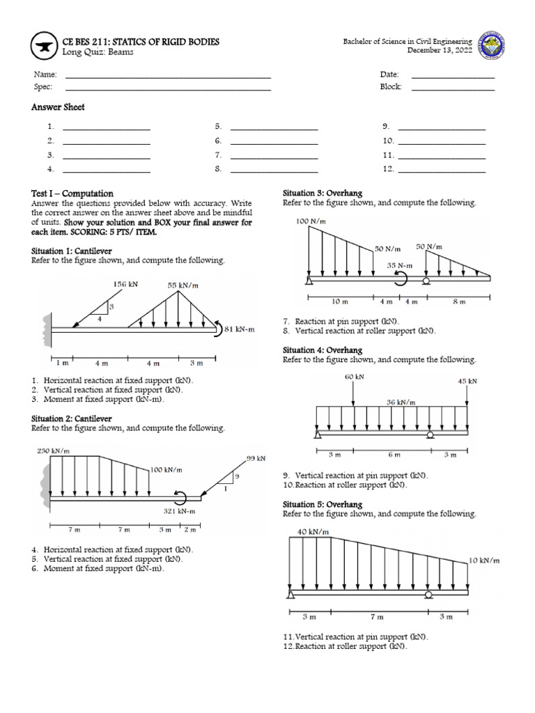 8 STATICS Prefinals Finals Long Quiz | PDF