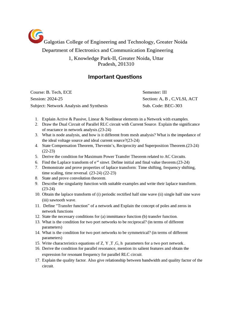 B.Tech ECE Semester 3 Network Analysis Questions | PDF | Electrical ...