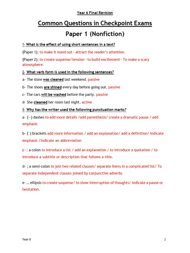 Year 6 Exam Revision Guide | PDF | Ellipsis | Linguistics