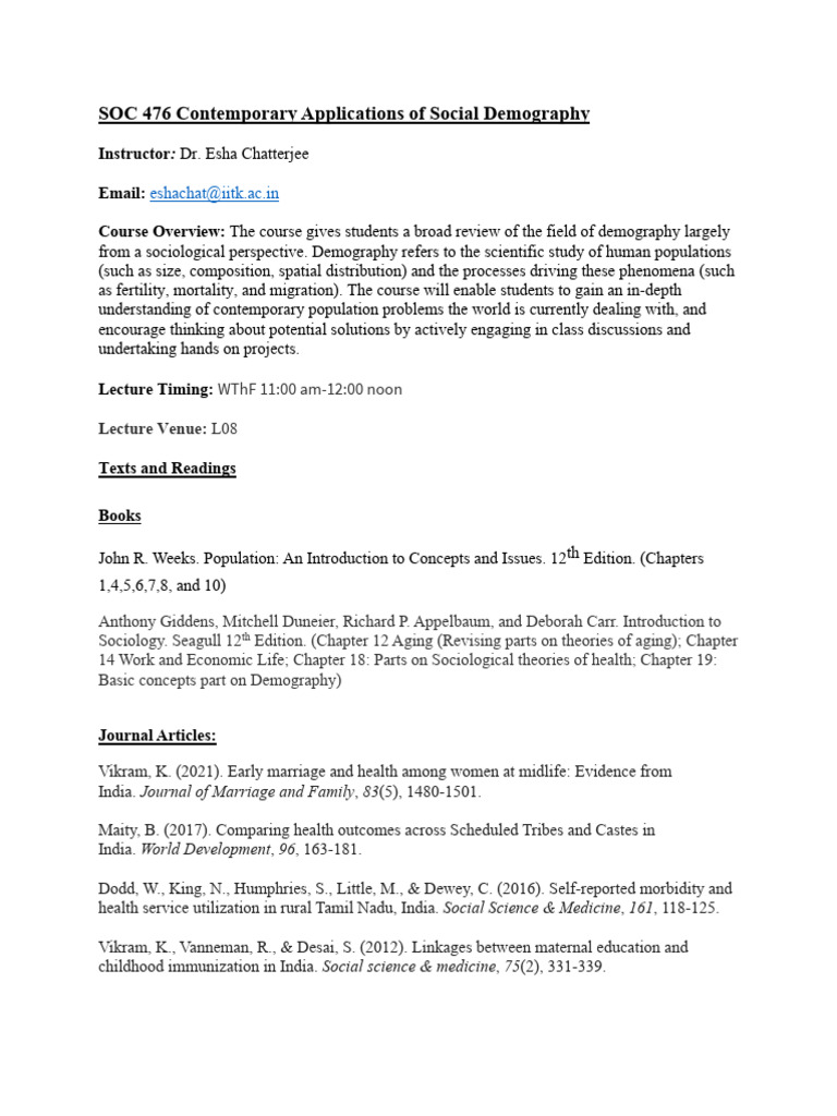SOC 476jan2025 FCH Esha Chatterjee | PDF | Demography | Sociology