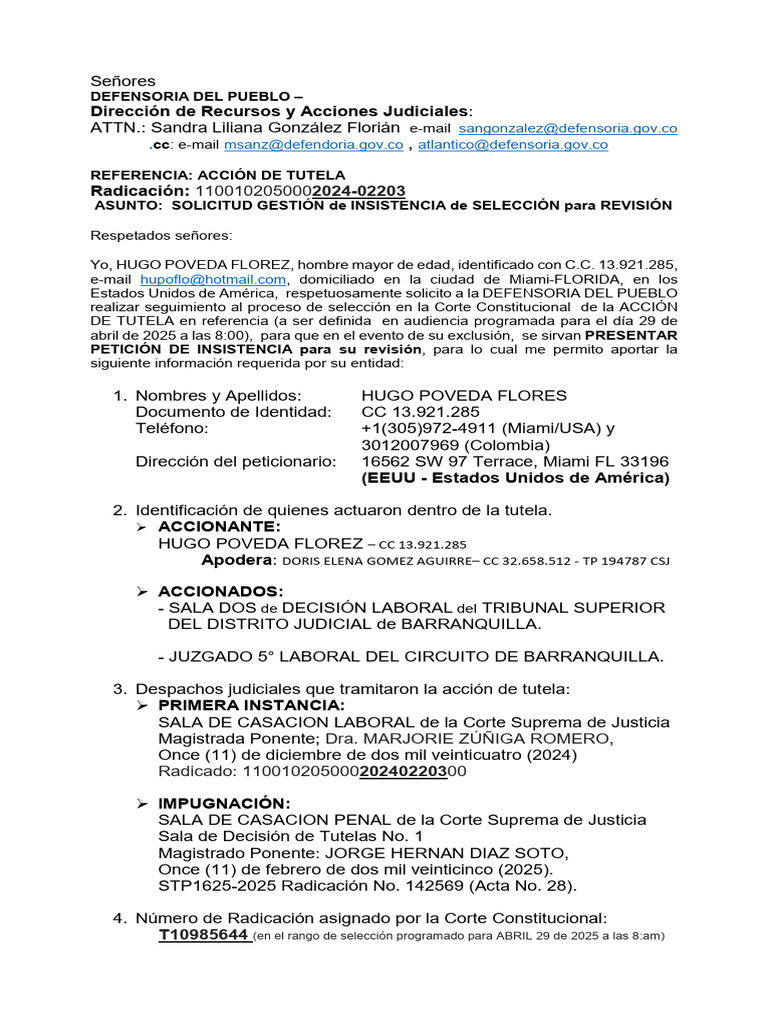 PDF Solicitud Insistencia Seleccion de Tutela para Revision - Hugo Poveda Florez | PDF | Salario ...