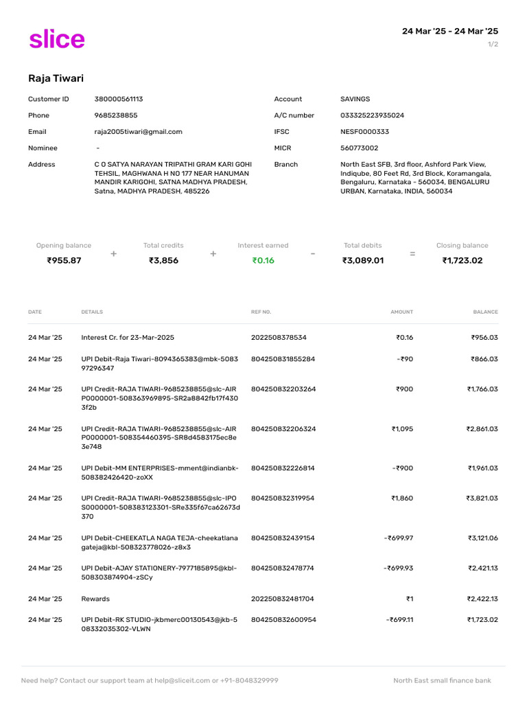 Slice Statement 24mar25 24mar25 | PDF | Personal Finance | Money