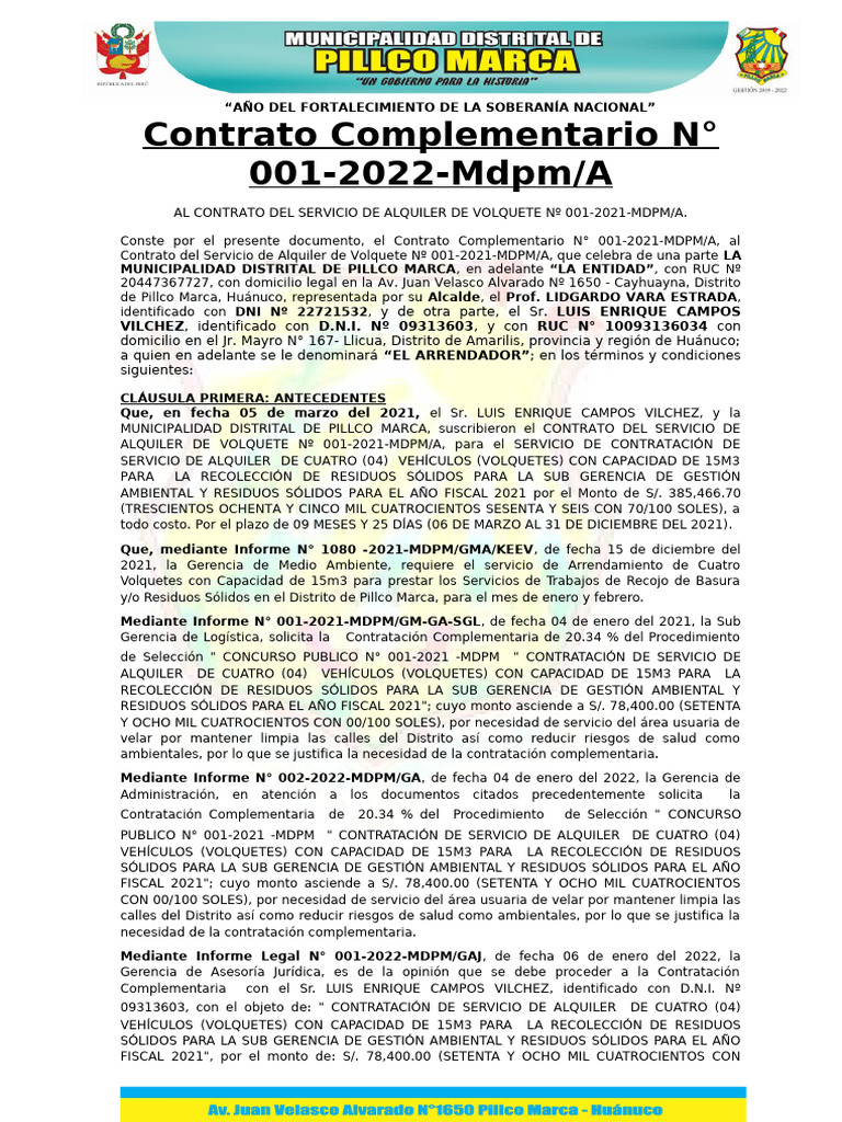 Contrato Complementario #001 LUIS ENRIQUE CAMPOS VILCHEZ VOLQUETE | PDF | Arbitraje | Daños y ...