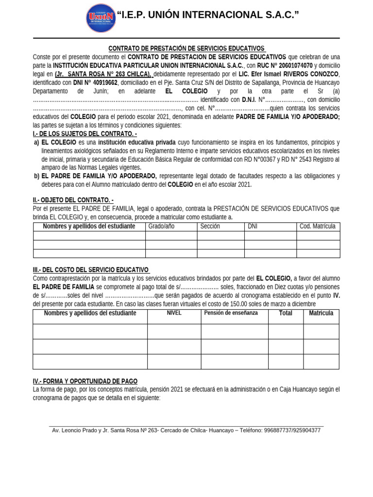 Contrato de Servicios de Padres 2021 | PDF | Aprendizaje