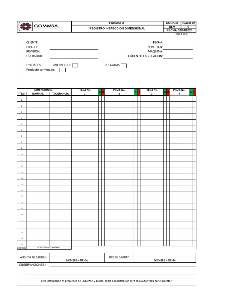 FCAL01-02 Registro de Inspeccion Dimensional | PDF