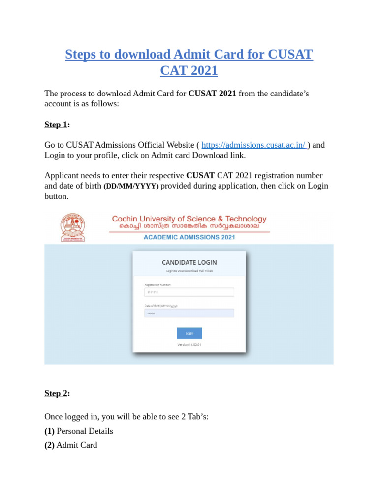 Steps To Download Admit Card For CUSAT CAT 2021 | PDF
