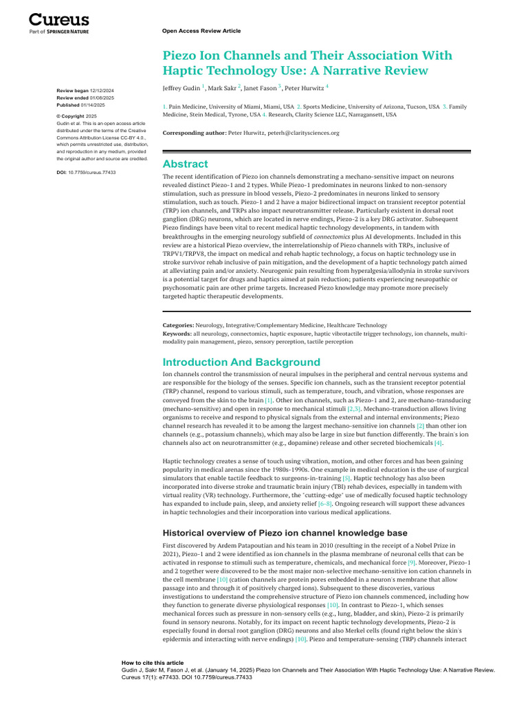 Piezo Ion Channels and Their Association With Haptic Technology Use A ...