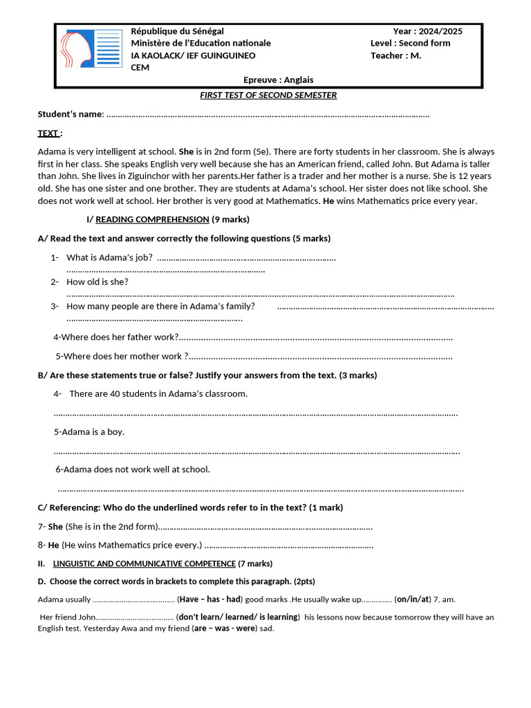 Devoir 5e-Anglais 2e Trimestre | PDF | Human Communication | Learning