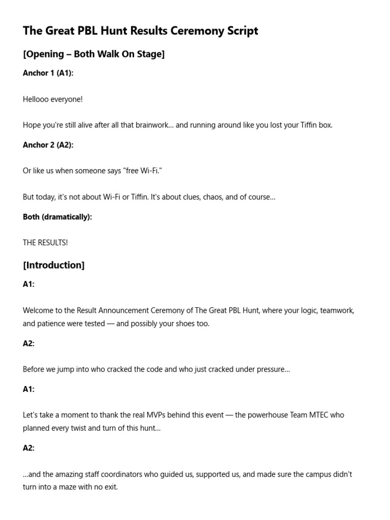 The Great PBL Hunt Results Ceremony Script | PDF