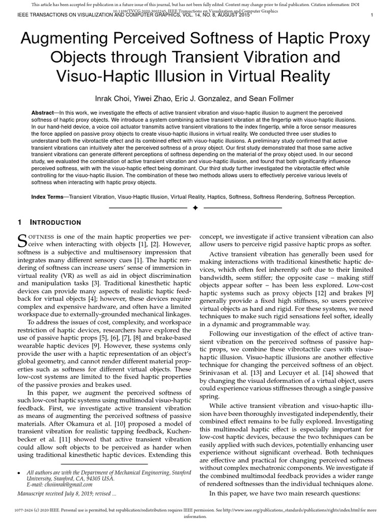 Transient Vibration Visuo Haptic Illusion Softness | PDF | Illusion | Perception