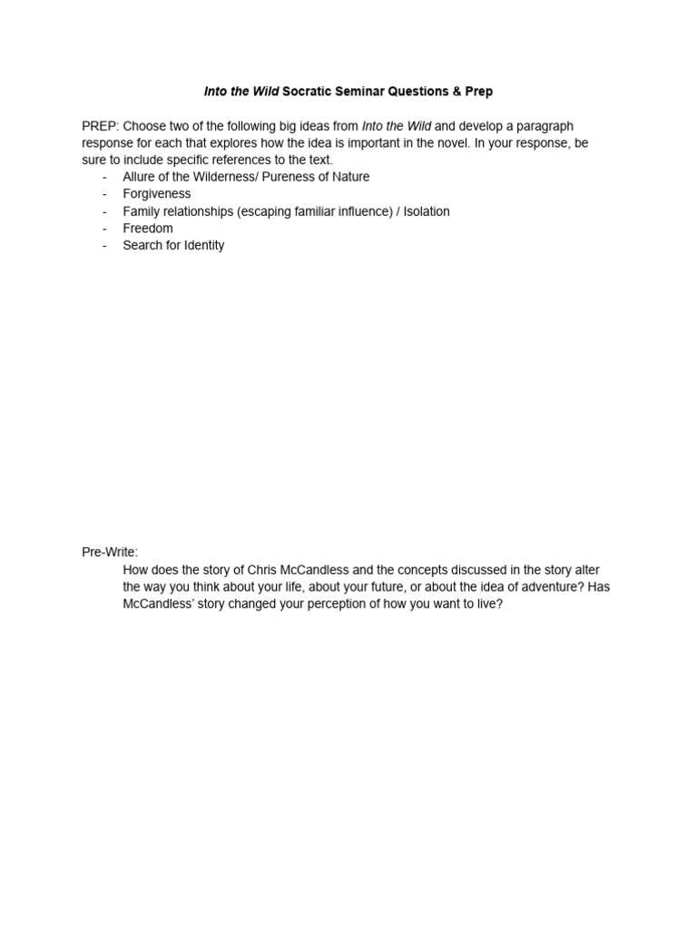 Into The Wild Socratic Seminar Questions & Amp Prep (Bossman) | PDF