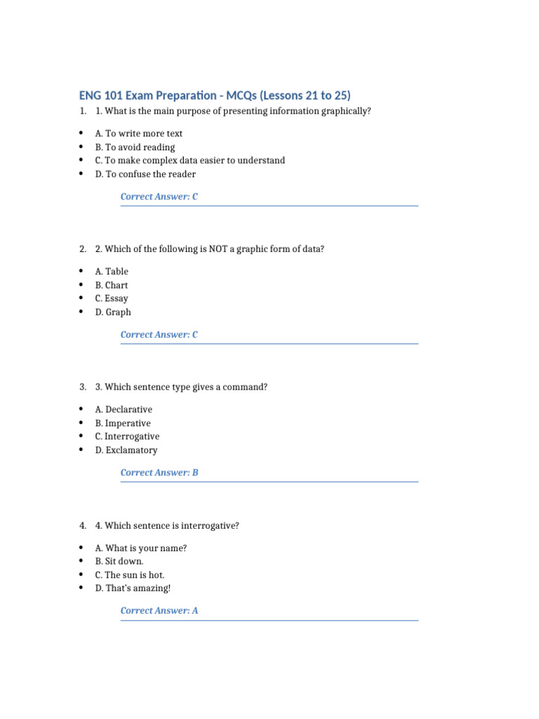 ENG101 MCQs Lessons 21 to 25 | PDF