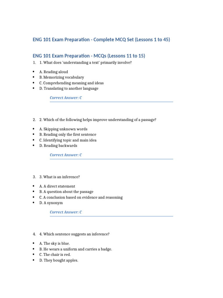 ENG101 Complete MCQs Lessons 1 To 45 | PDF | Essays | Human Communication