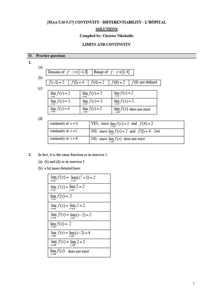 (MAA 5.16-5.17) CONTINUITY - DIFFERENTIABILITY - L'HÔPITAL - Solutions | PDF | Gradient ...