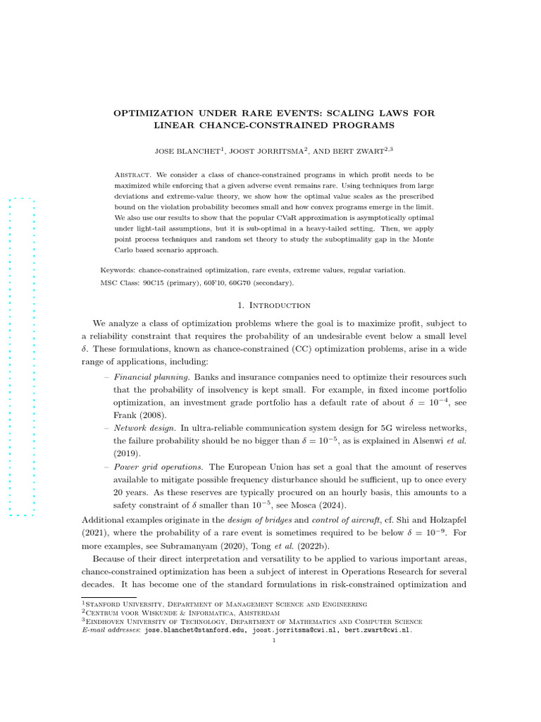 Optimization Under Rare Events Scaling Laws For Linear Chance-Constrained Programs - Jose ...
