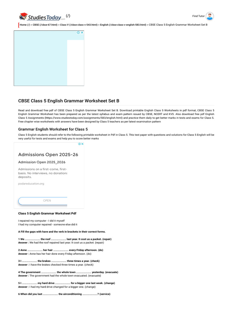 CBSE Class 5 English Grammar Worksheet Set B | PDF | English Language ...
