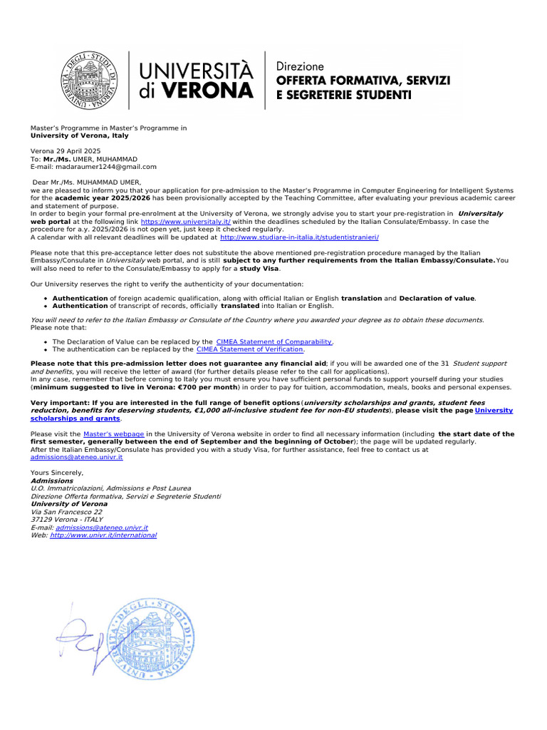 UMER MUHAMMAD Pre Admission Letter | PDF | Authentication