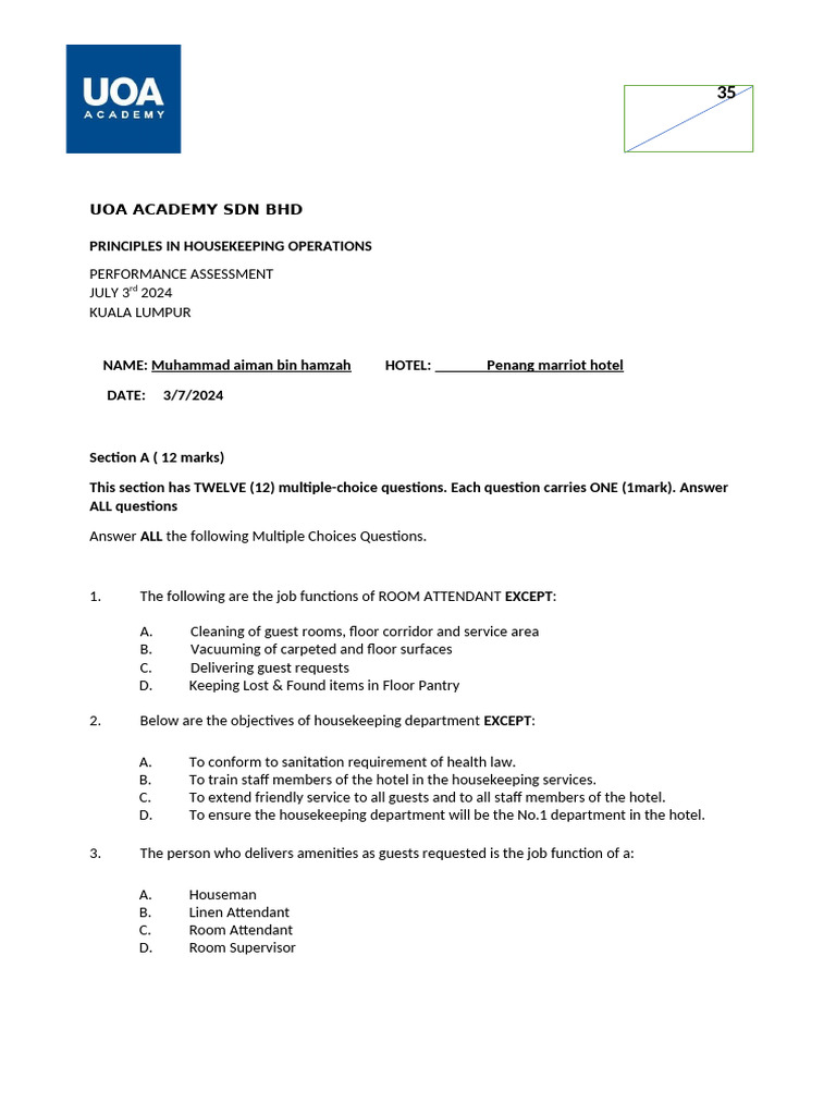 Basic Knowledge Assessment For UOA Academy - 1 | PDF | Housekeeping ...