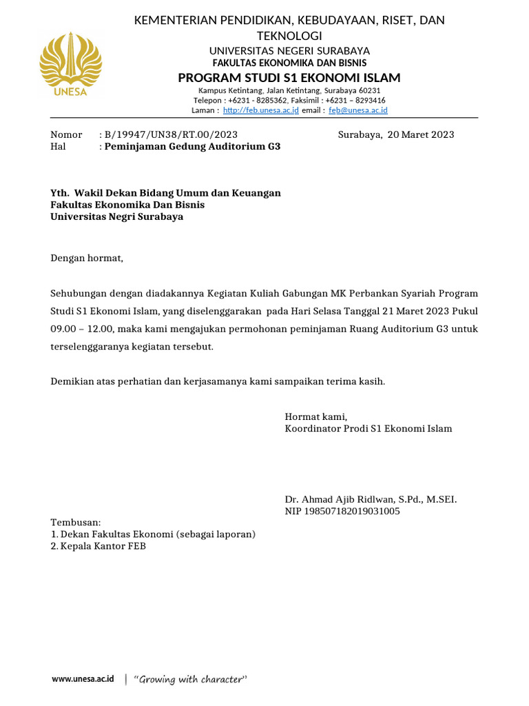 Surat Permohonan Peminjaman Ruang Auditorium G3 (Ekis) | PDF