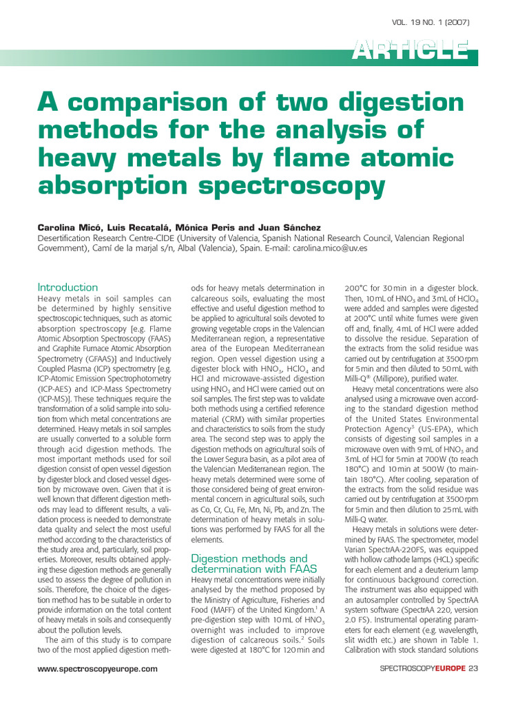 A Comparison of Two Digestion Method | PDF | Atomic Absorption ...