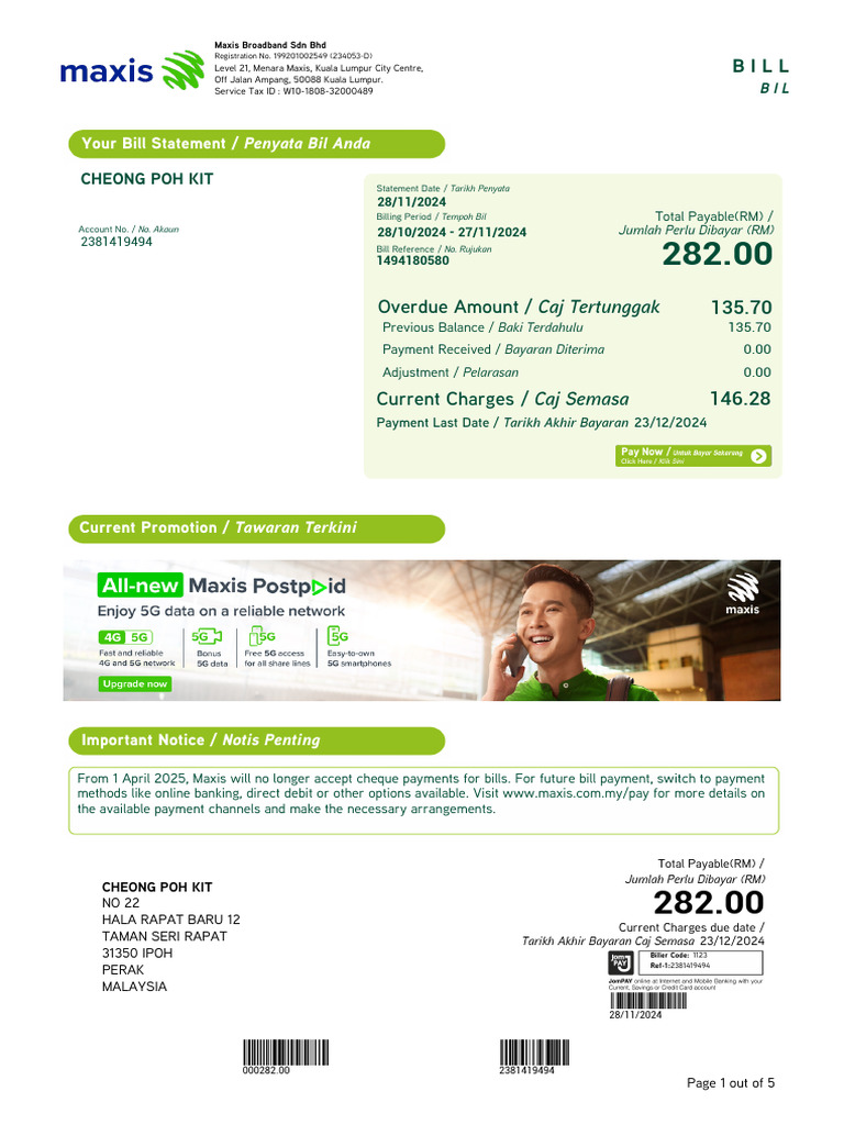 Maxis Ebill 2381419494 2024 11 | PDF | Payments | Malaysia