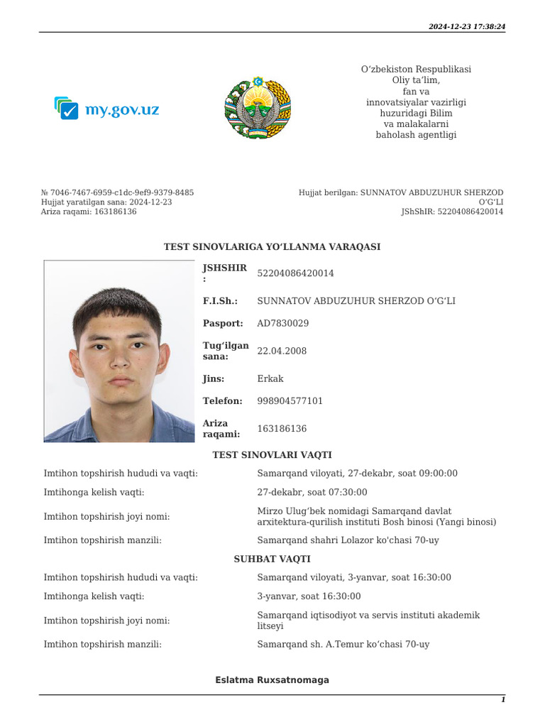 Test Sinovlariga Yo Llanma Varaqasi Jshshir: F.I.Sh.: Pasport: Tug ...