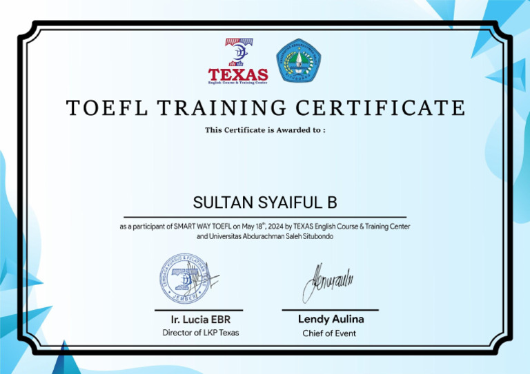 E-Certificate TOEFL Training SULTAN SYAIFUL B | PDF