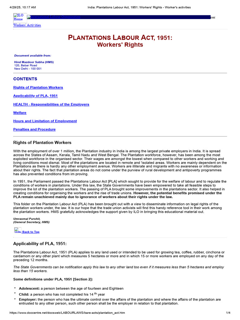 Plantation Labour Act 1951: Workers' Rights | PDF | Employment | Overtime