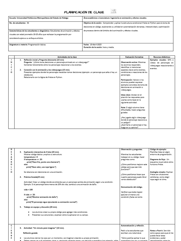 Formato de Planificación de Clase - IF-ELSE | PDF | Python (lenguaje de programación)