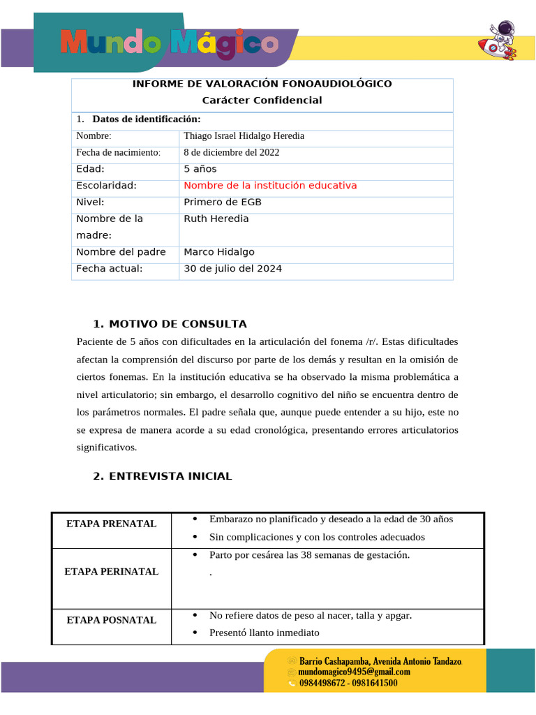 Informe de Valoración Lenguaje Thiago | PDF | Género gramatical | Palabra