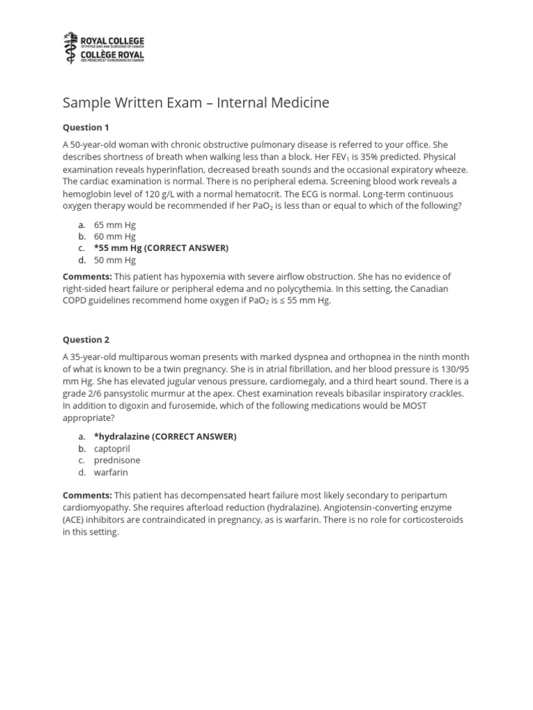Internal Medicine MCQ Sample Exam e | PDF | Heart | Heart Failure