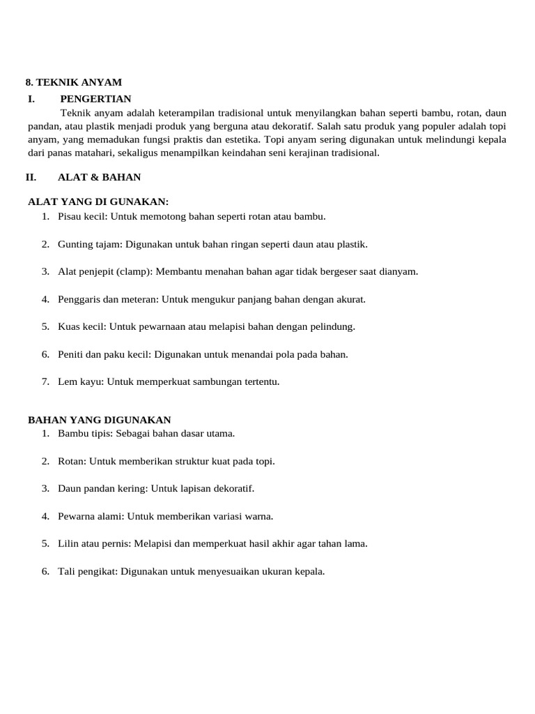 Teknik Anyam: Pembuatan Topi Tradisional | PDF