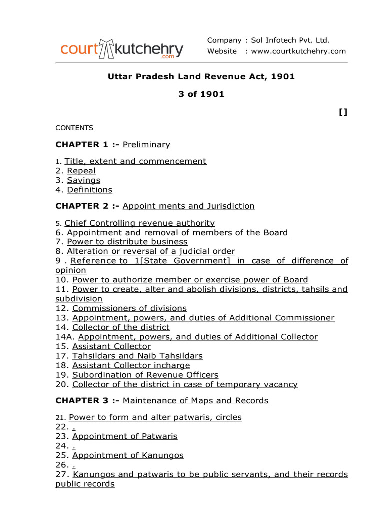 Uttar Pradesh Land Revenue Act, 1901 | PDF | Leasehold Estate | Lease