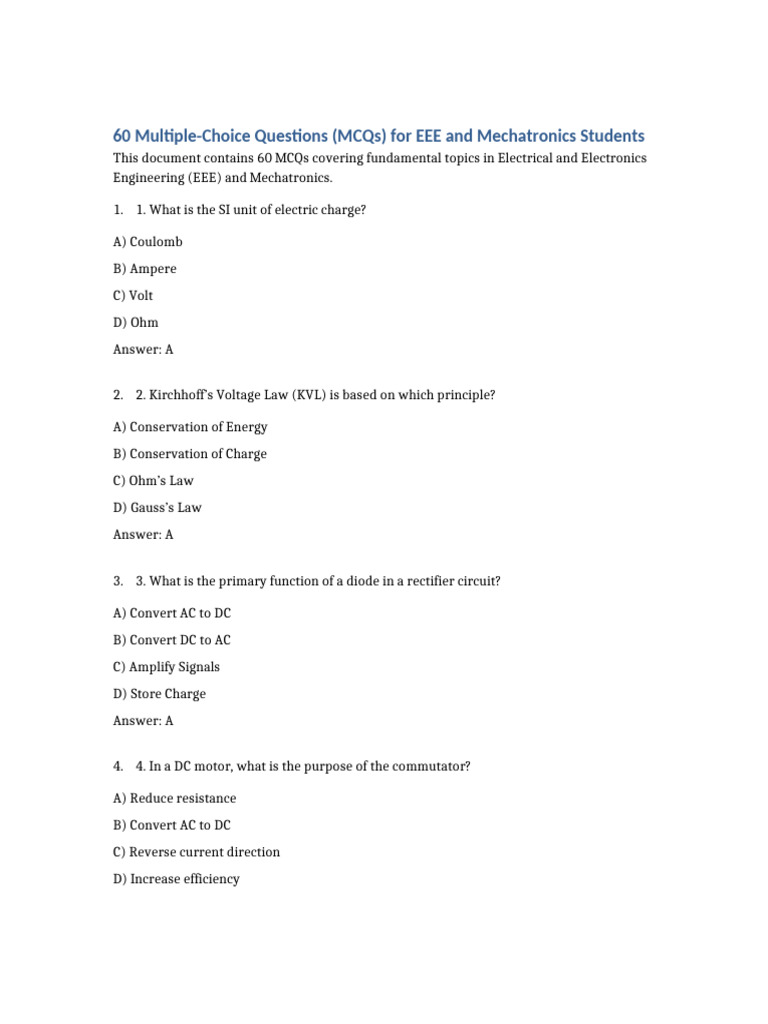 EEE Mechatronics 60 MCQs | PDF | Amplifier | Direct Current