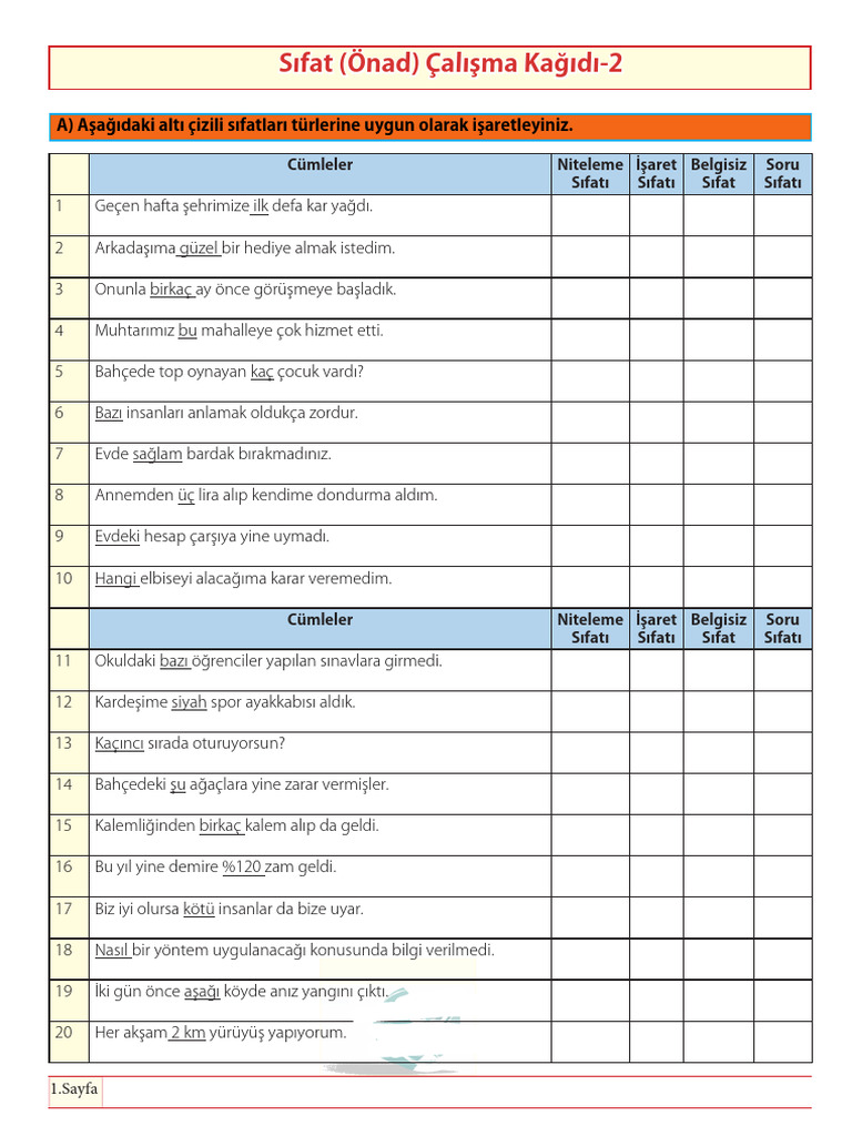 Sifatlar Calisma Kagidi 2 - Kopyası | PDF