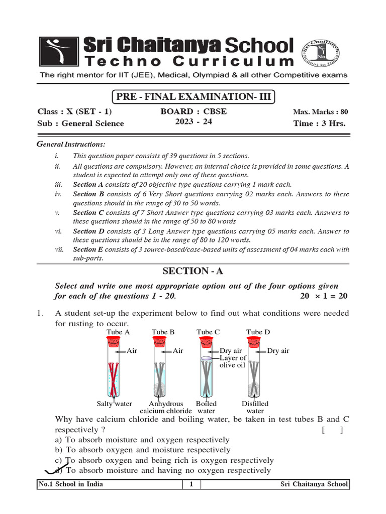 Open KA & TN CBSE - X Class (G.S) Prefinal - III QP (Set - 1) | PDF | Sexual Reproduction | Ester
