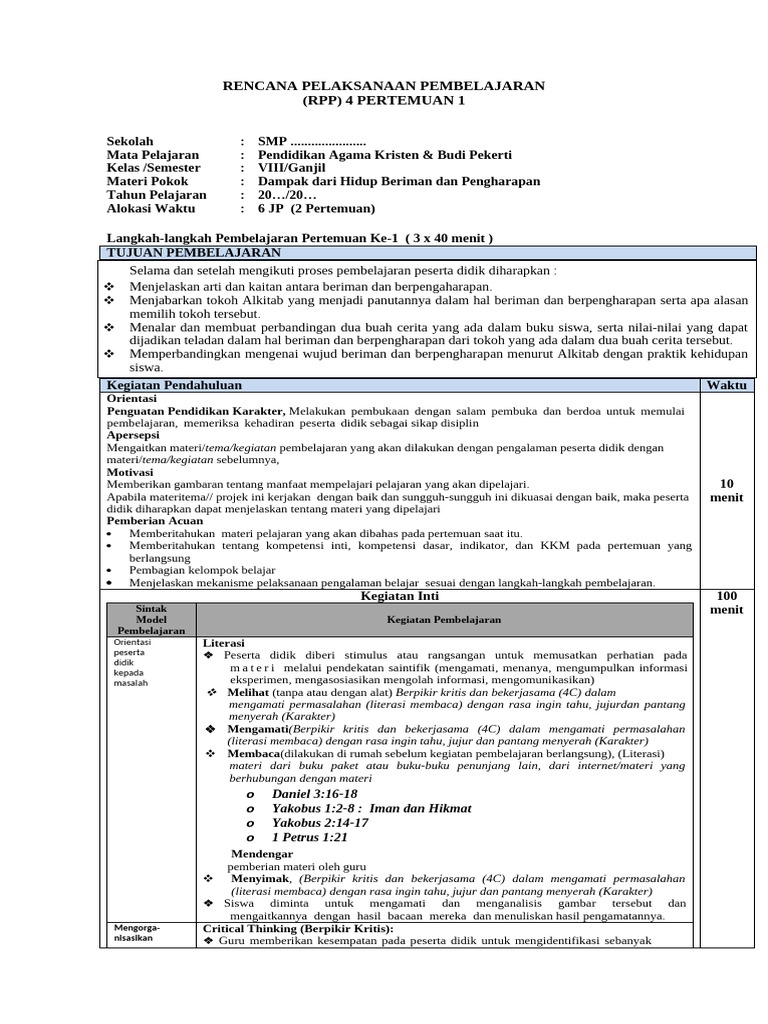 RPP 4. Dampak Dari Hidup Beriman Dan Pengharapan | PDF