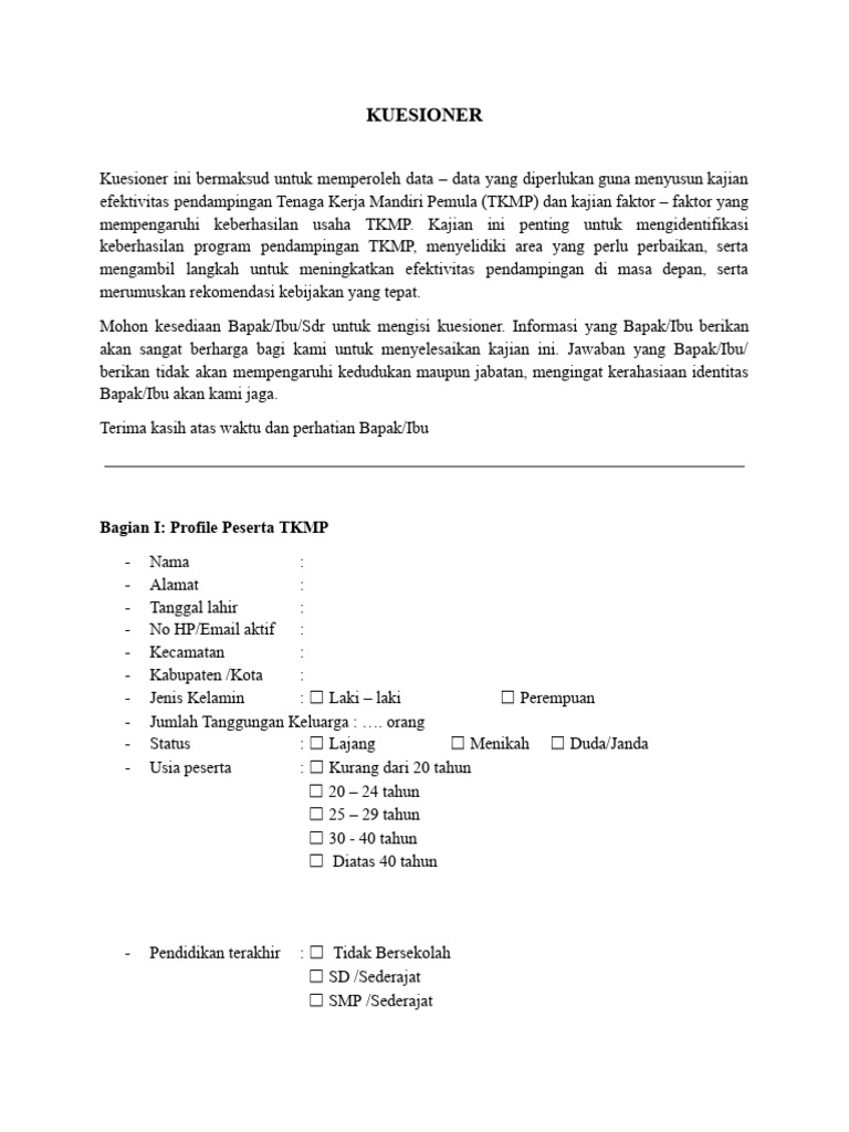 Kuesioner TKMP 2024 | PDF