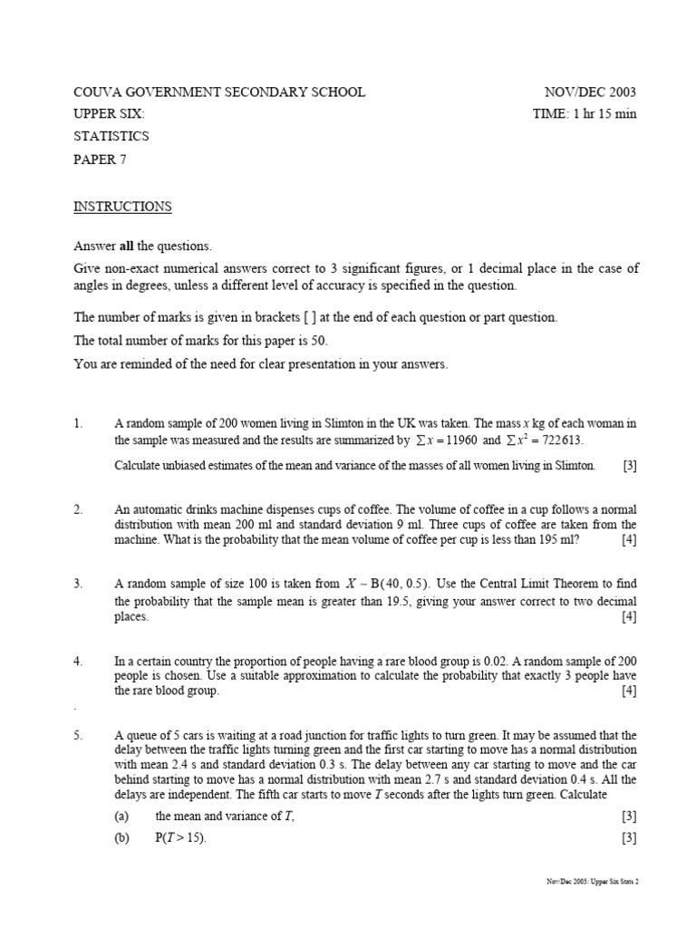 Upper Six Statistics Exam Nov/Dec 2003 | PDF | Variance | Standard ...