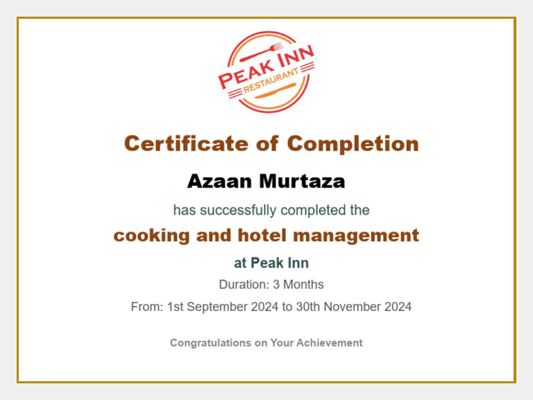Cooking and Hotel Management Certificate | PDF