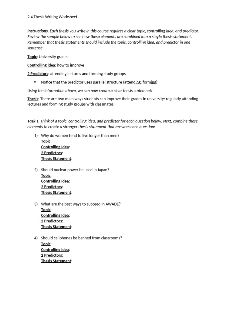 Thesis Writing Worksheet | PDF
