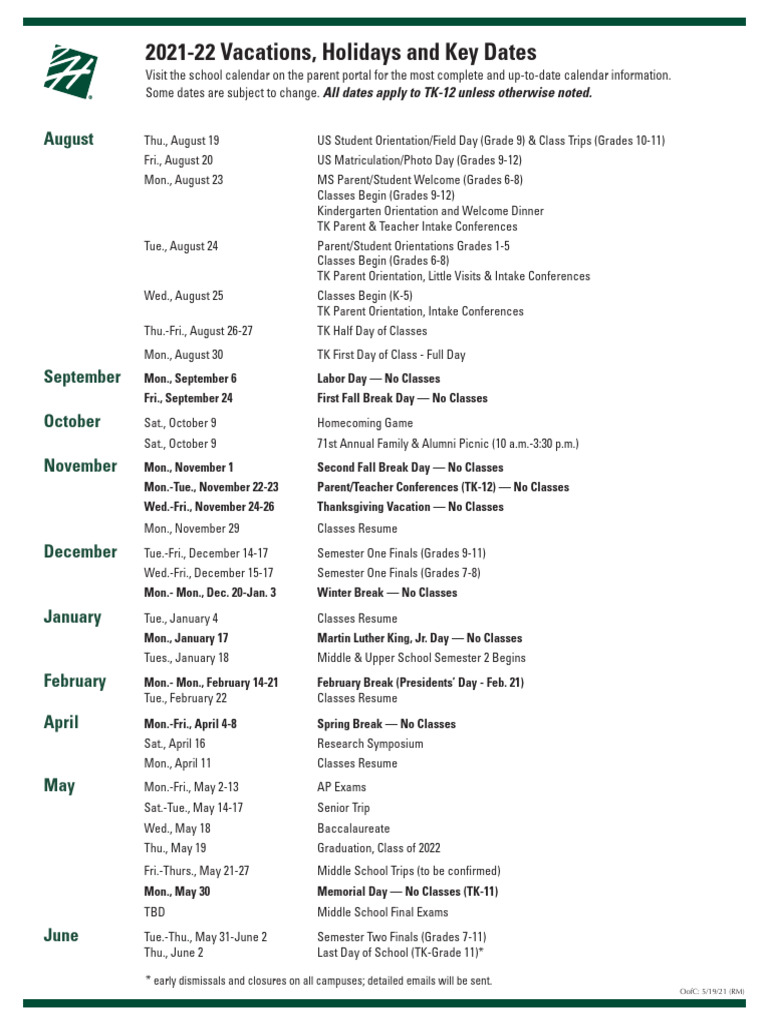 ACA Calendar KeyDates Vaca Holidays F May 2122 | PDF | Academic Term ...