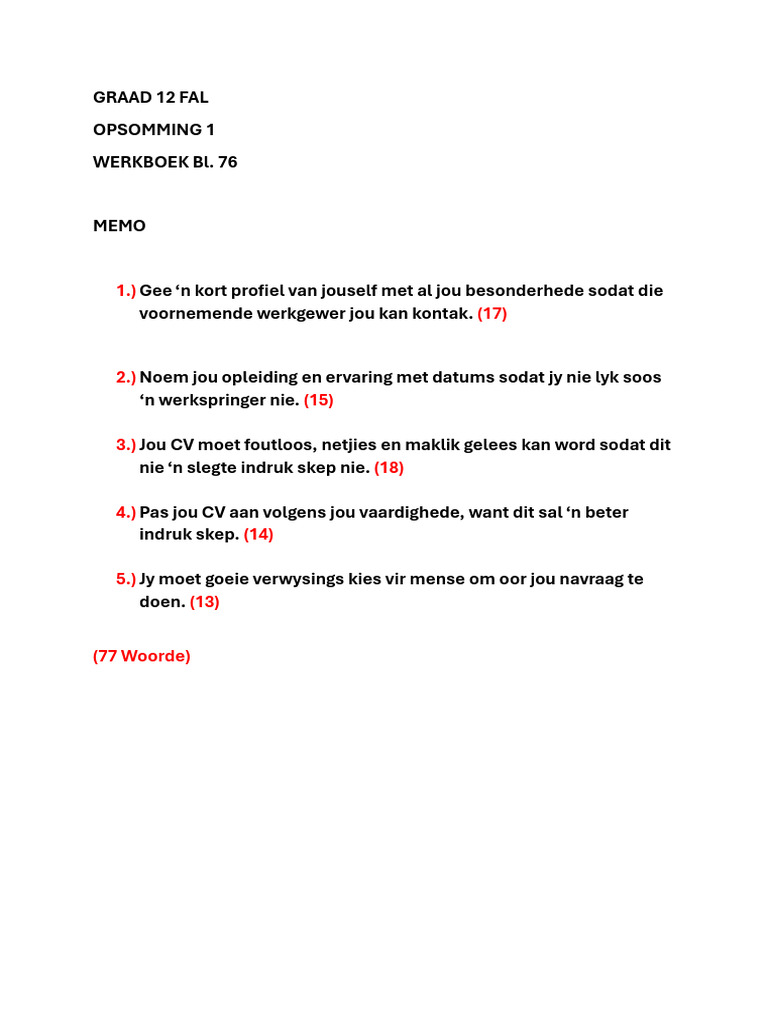 Werkboek Opsomming 1 Memo | PDF